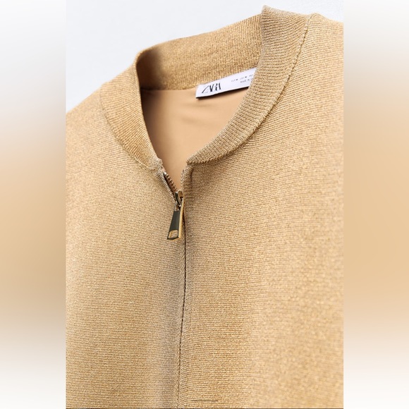 Zara | Jackets & Coats | Zara Knit Bomber Cardigan With Metallic Thread ...
